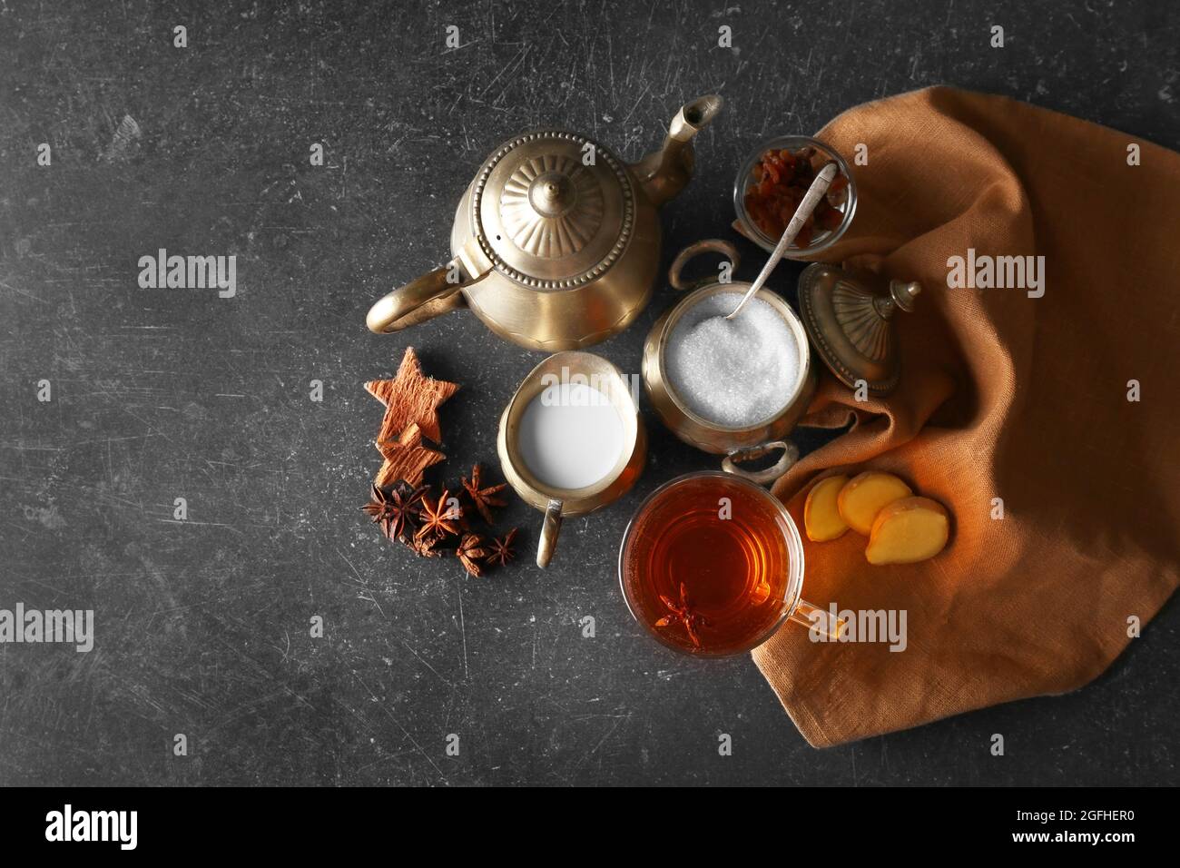 Ingredients for tea drinking on grey background, flat lay Stock Photo ...