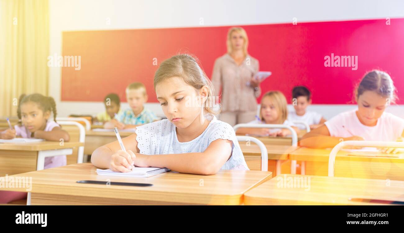 Diligent tween girl studying with classmates in elementary school Stock ...