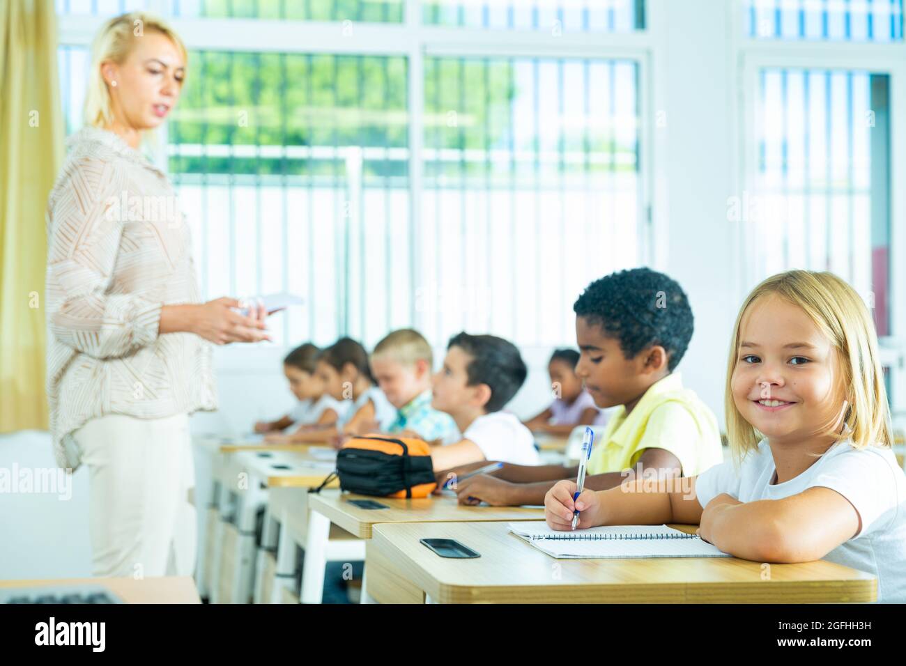 School girl working at lesson in classroom Stock Photo - Alamy