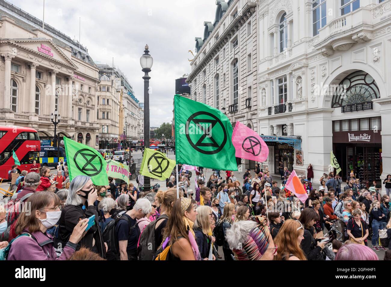 Protesters hold XR flags during the demonstration.On the 3rd day of ...
