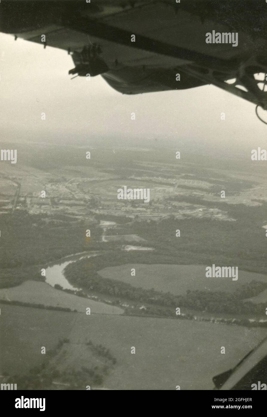 Aerial view of Fort Benning, and Chattahoockee river, GA USA 1950s ...