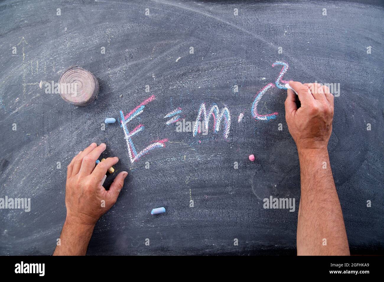 Representation of the energy formula designed with chalk on blackboard ...