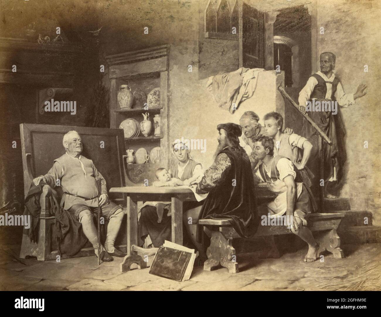 Nobleman visiting a family house, painting by unidentified artist, 1880 ...