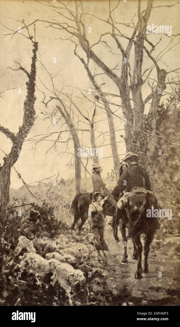 Countryside scene with horse riders and shepherd, painting by ...