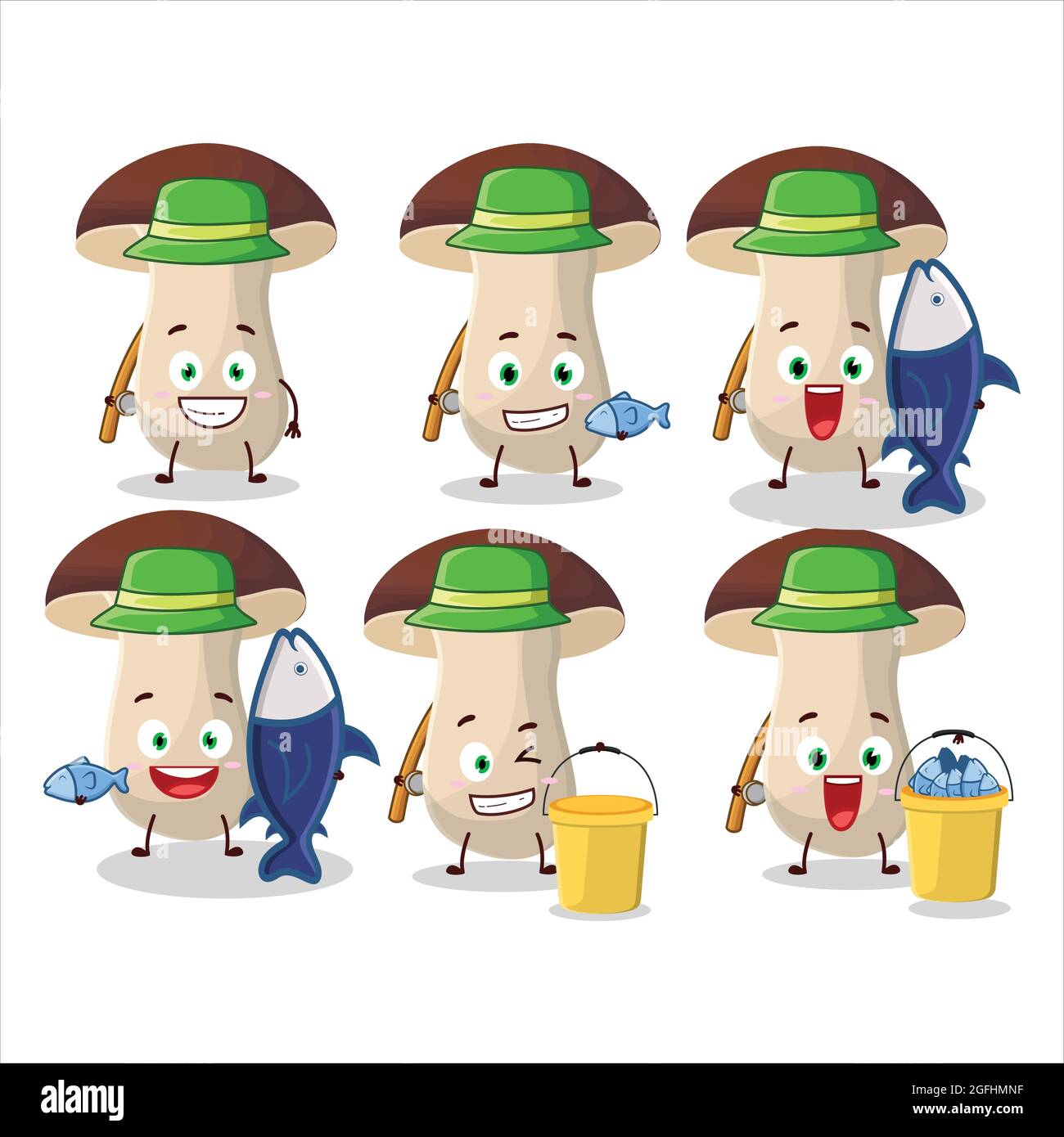 A fisherman porcini cartoon picture catch a big fish. Vector ...