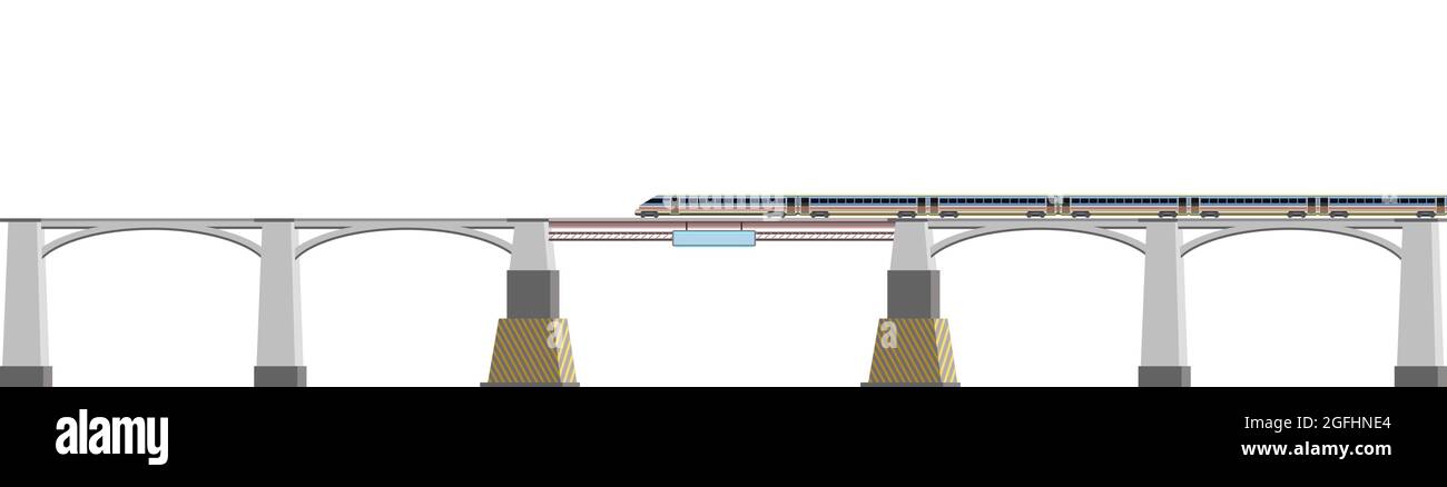 High-speed train on bridge. Fast transport. Railway with locomotive ...
