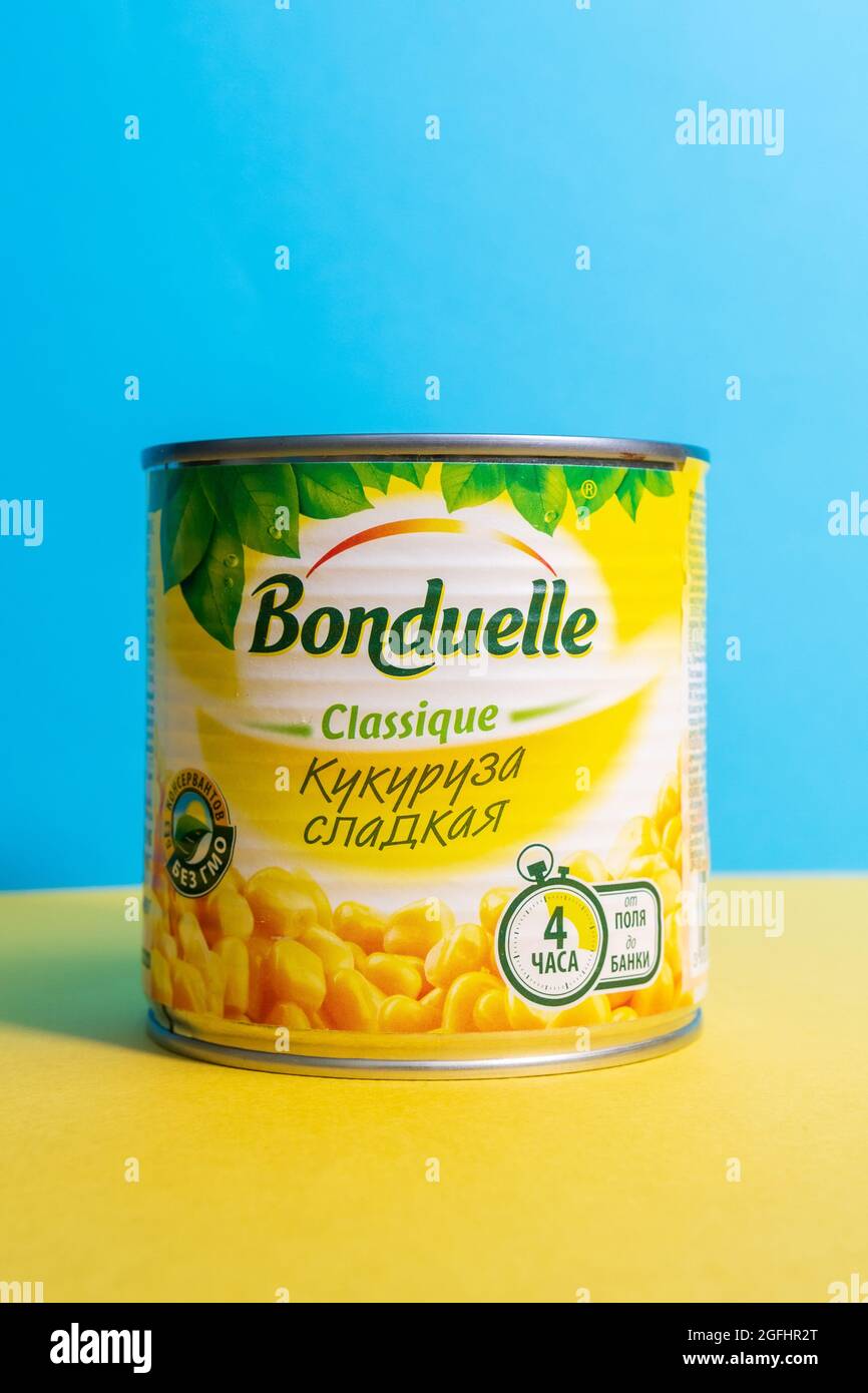 Tyumen, Russia-april 17, 2021: Bonduelle cans of corn is a French ...