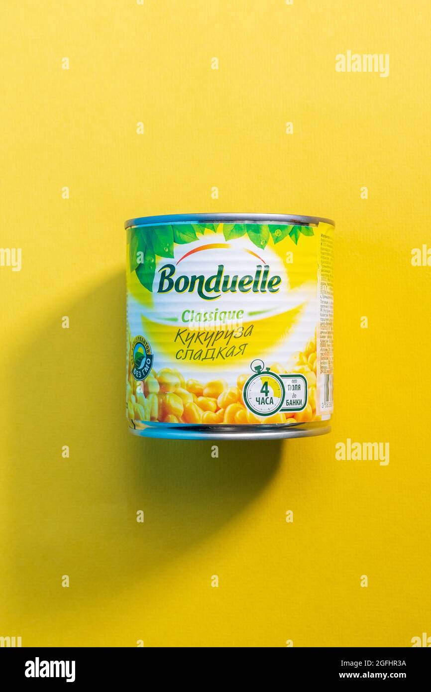 Tyumen, Russia-april 17, 2021: Bonduelle cans of corn is a French ...