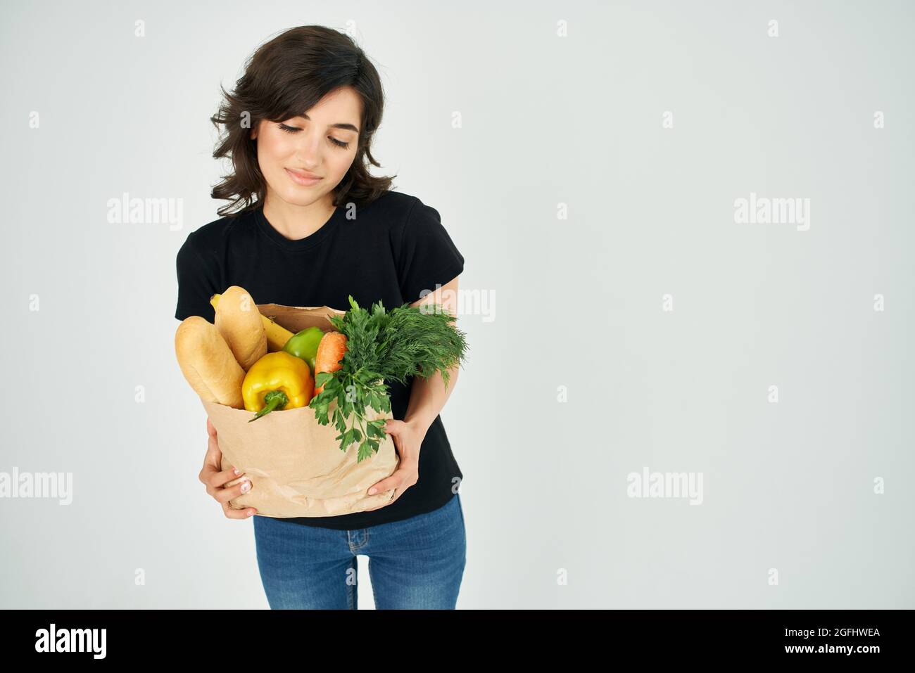 woman with package of groceries delivery service supermarket Stock ...