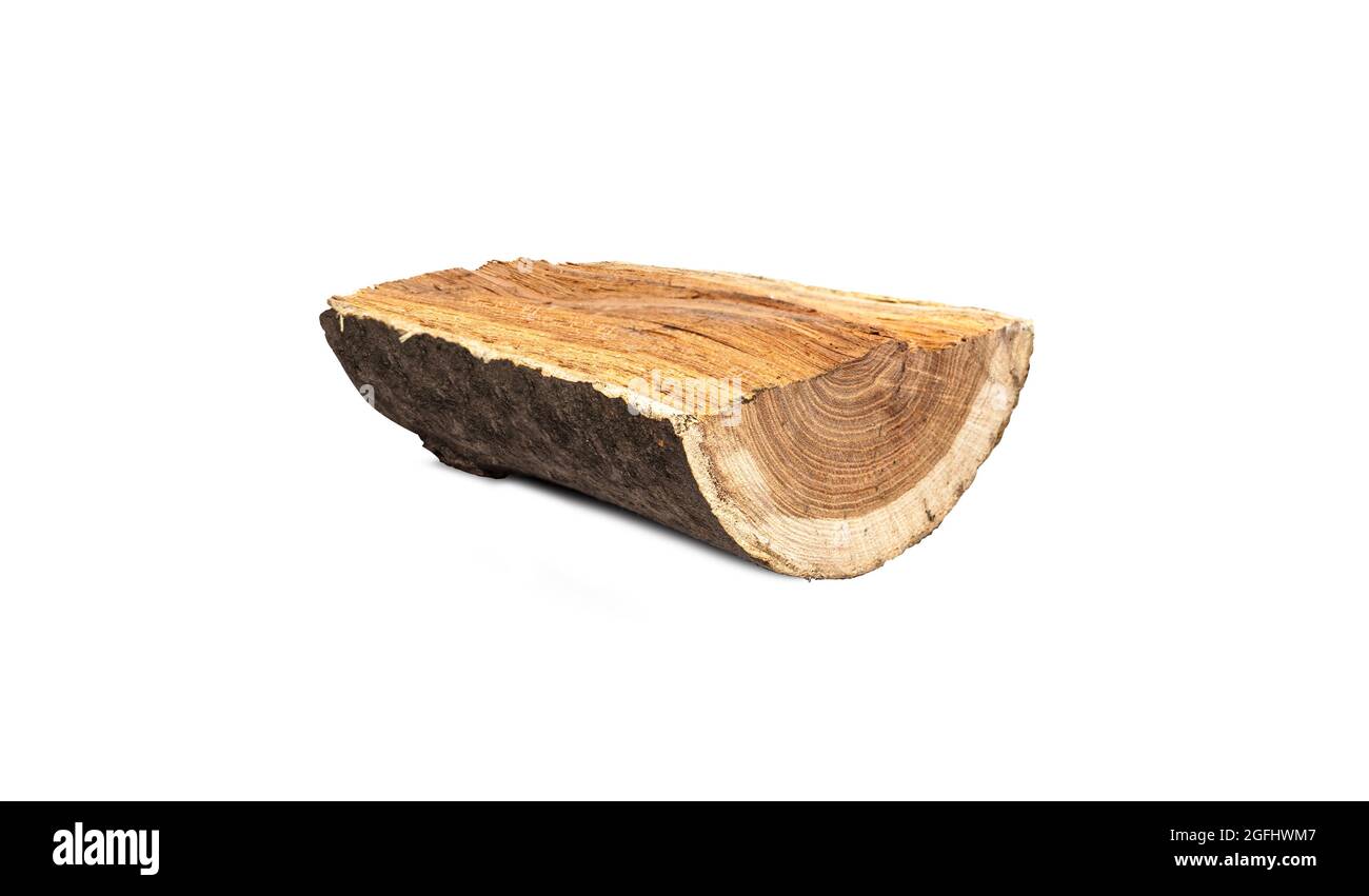 Half cut wooden log. Isolated on white background Stock Photo - Alamy