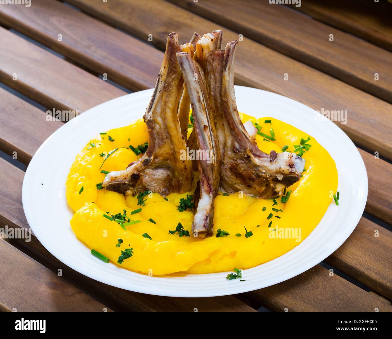 Traditional Norwegian Pinnekjott - stewed mutton meat on bone with ...