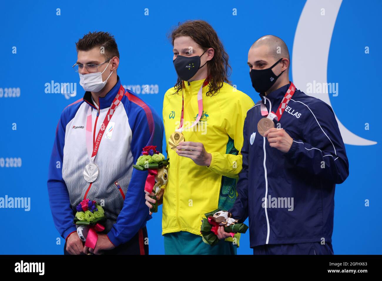 Silver medalist NIKOLAEV Andrei (RPC), gold medalist POPHAM Ben (AUS), and bronze medalist ...