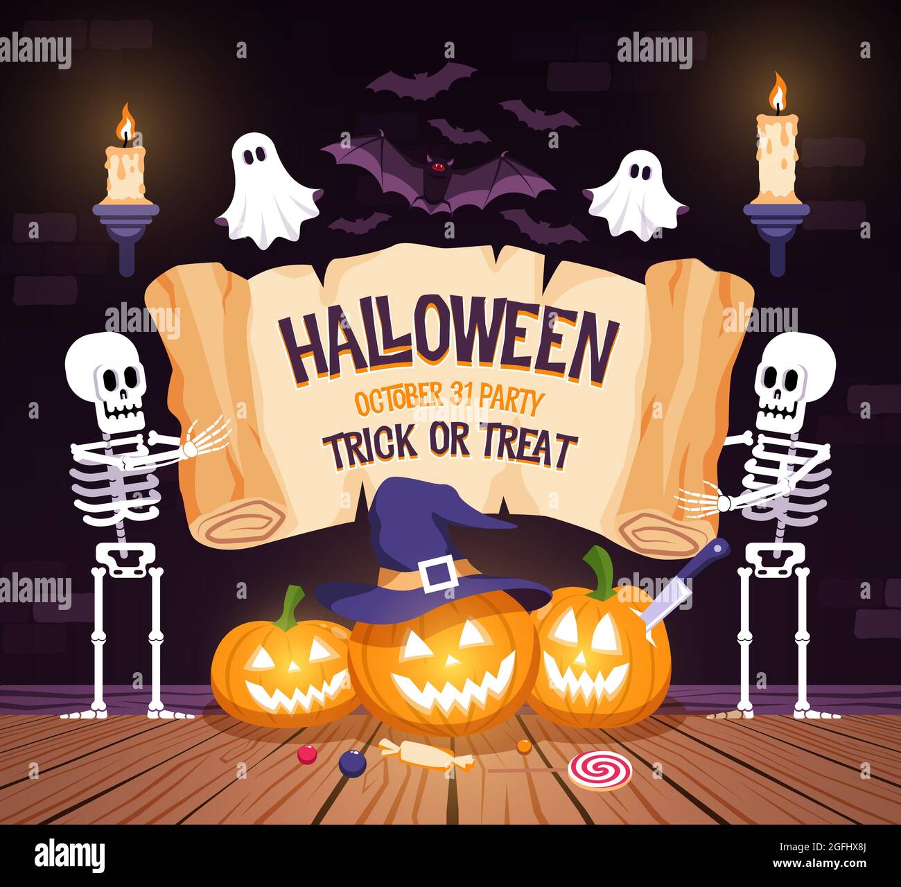 Halloween party poster with pumpkin skeletons and ghosts Stock Vector ...
