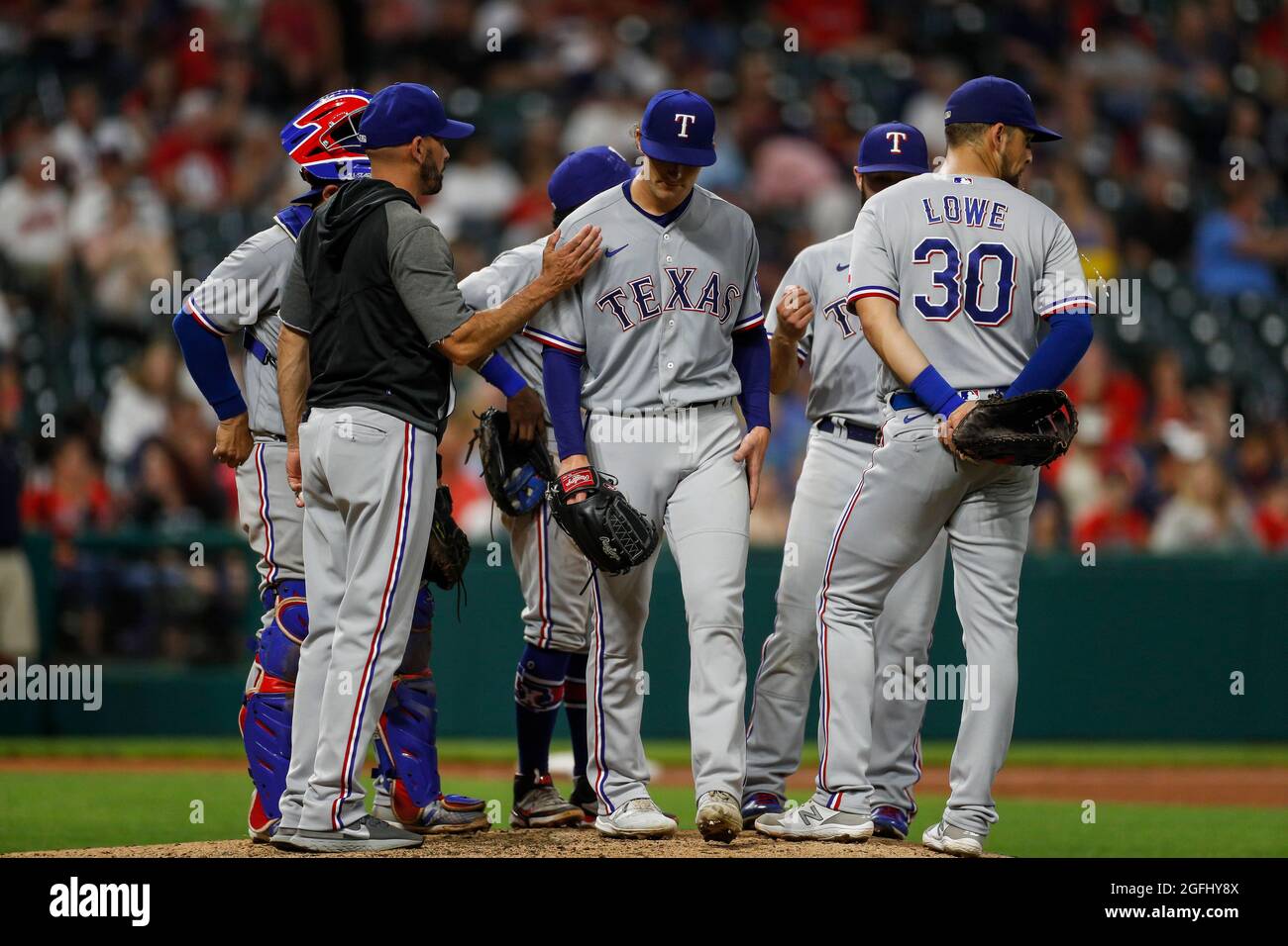 Cleveland, United States . 25th Aug, 2021. Texas Rangers pitcher Jake ...