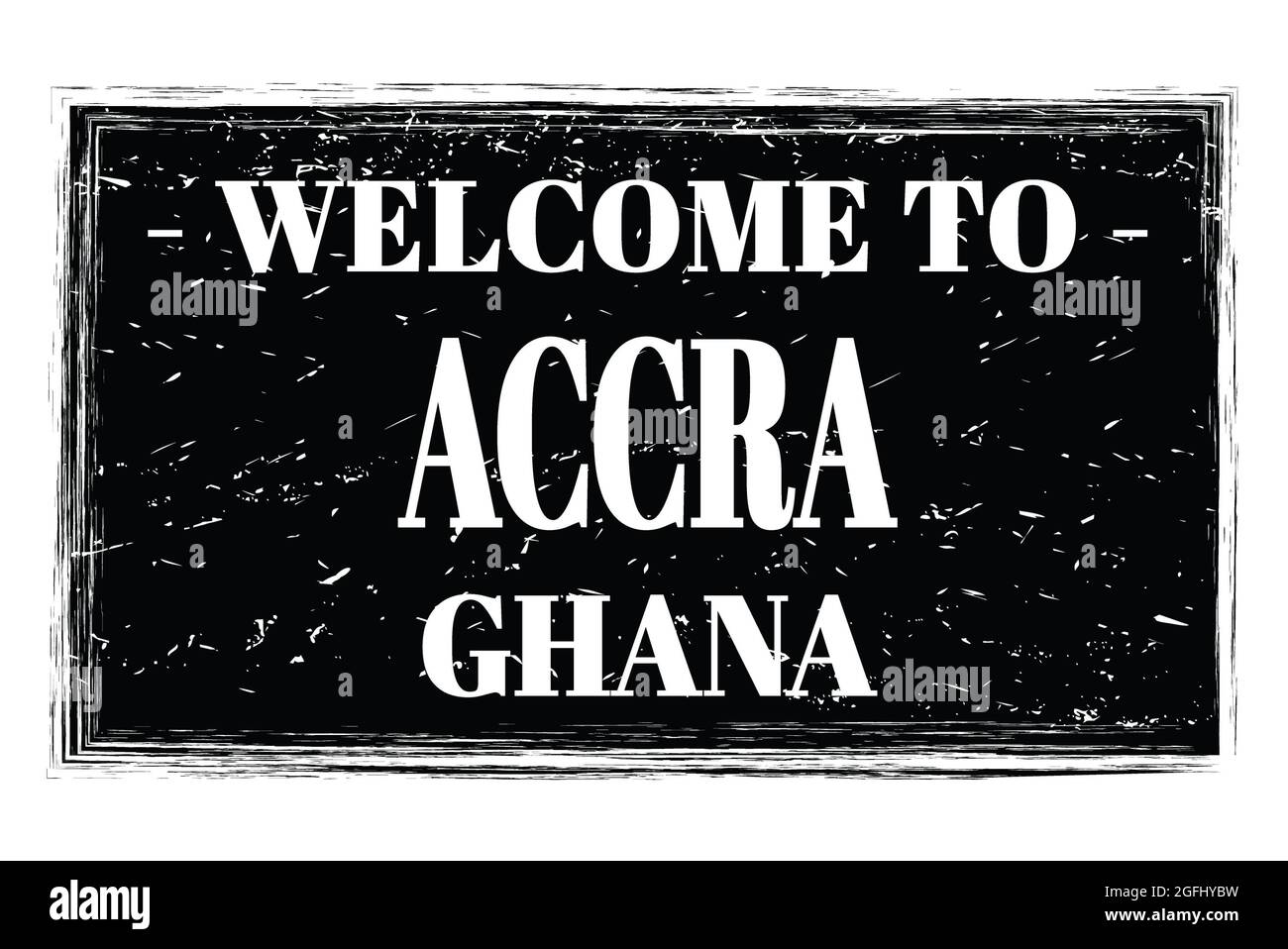 WELCOME TO ACCRA - GHANA, words written on black rectangle post stamp ...