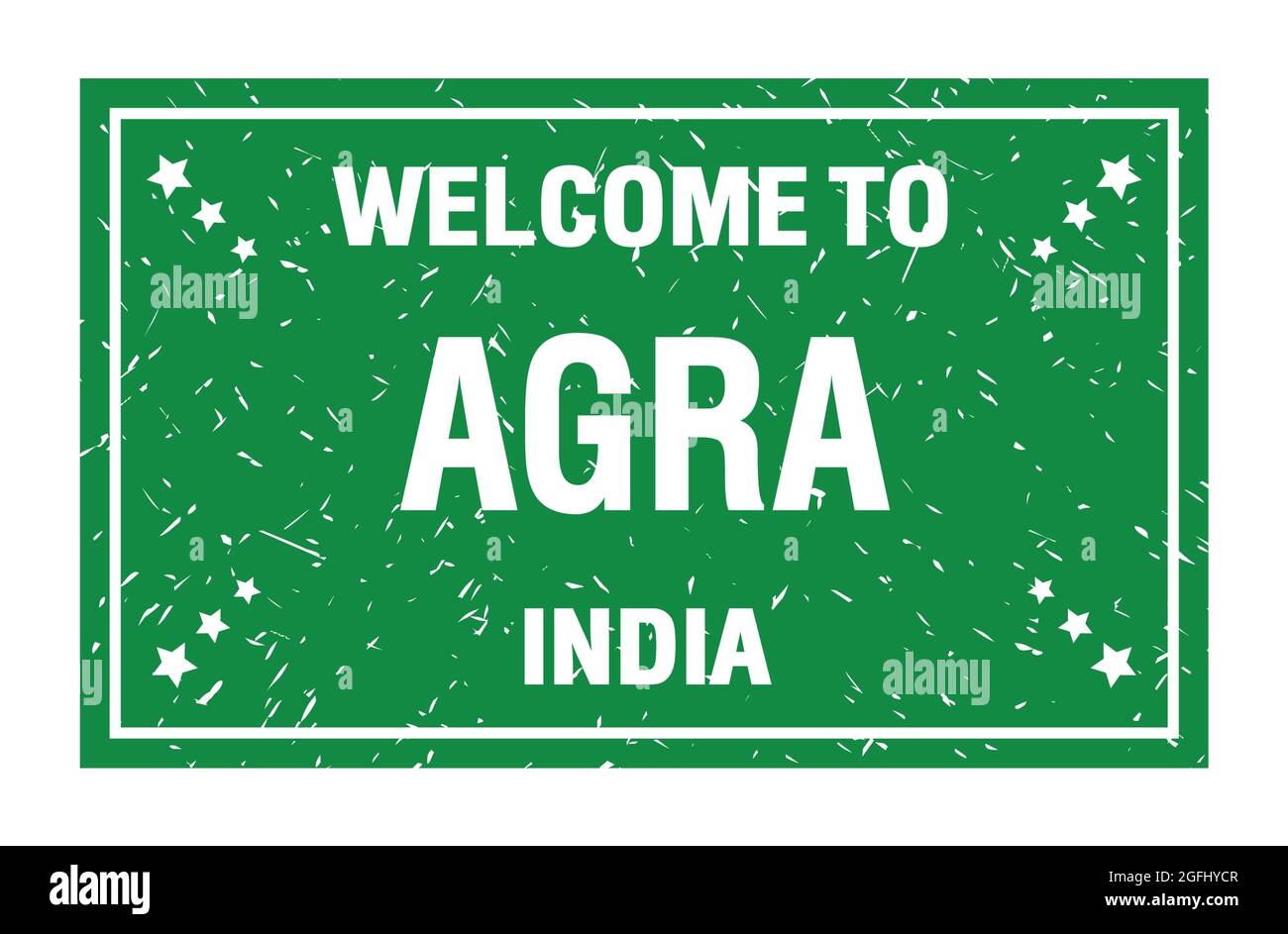 WELCOME TO AGRA - INDIA, words written on green rectangle flag stamp ...