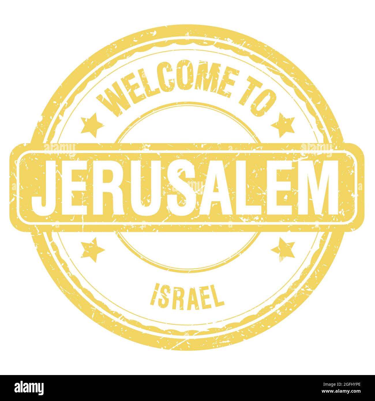 WELCOME TO JERUSALEM - ISRAEL, words written on yellow grungy stamp ...