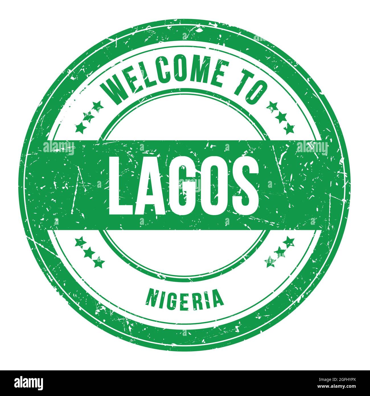 WELCOME TO LAGOS - NIGERIA, words written on green round coin stamp ...