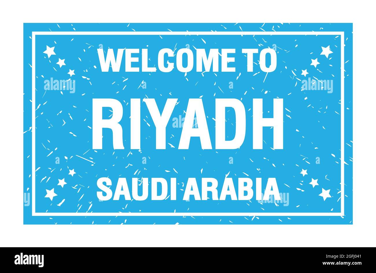 WELCOME TO RIYADH - SAUDI ARABIA, words written on blue rectangle flag ...