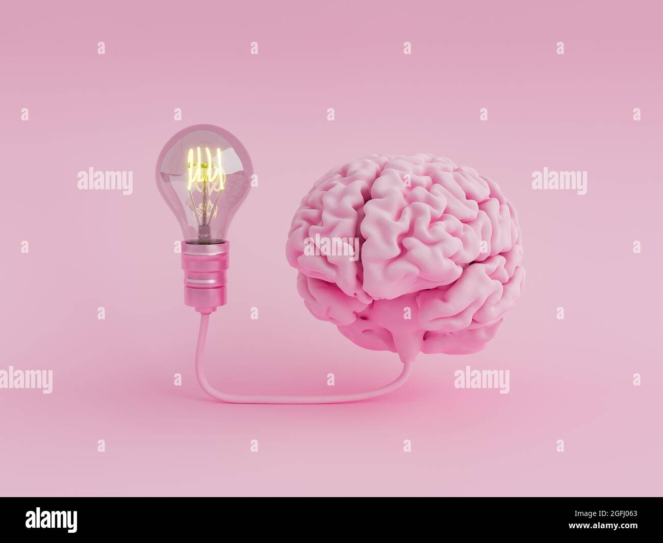 brain connected to an illuminated light bulb. monochromatic scene in ...