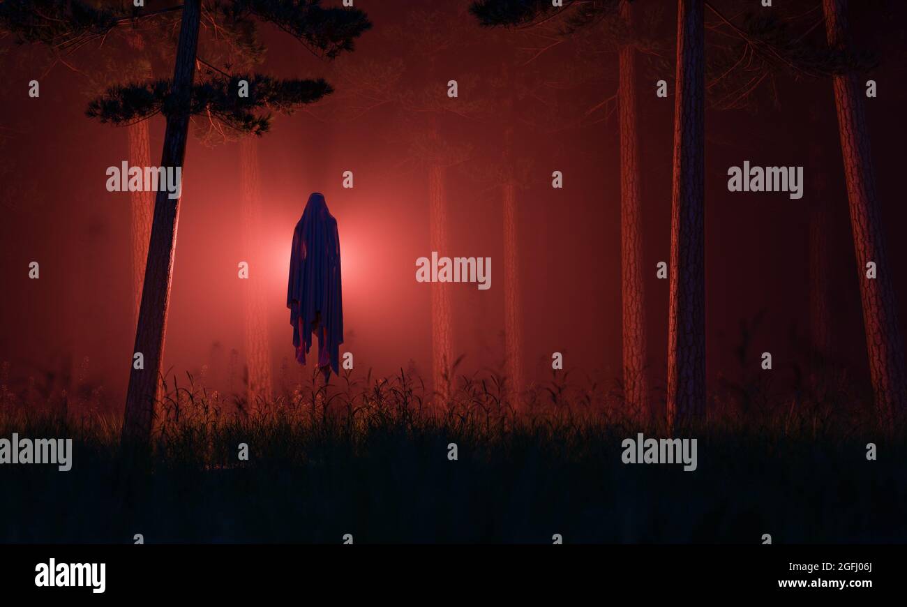 spooky night in a forest with fog and an evil spirit with red light ...