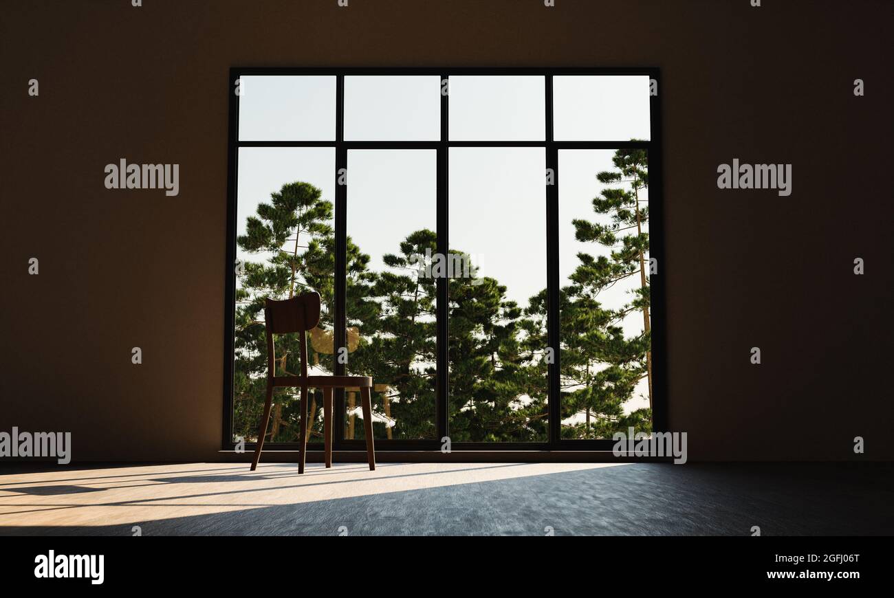 Lonely chair in an empty room in front of a window with the forest in ...