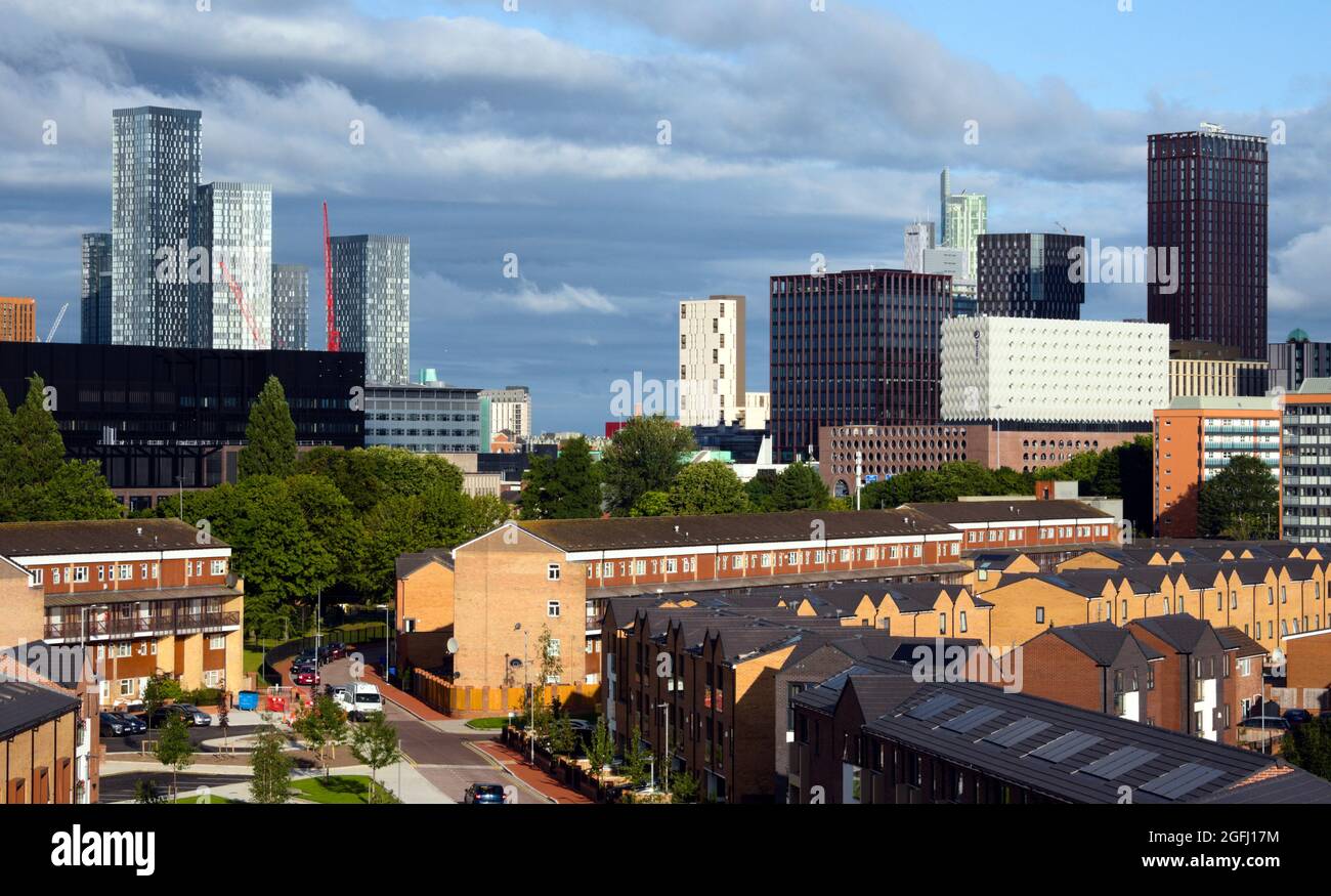 A high level view of new skyscrapers in central Manchester, England ...