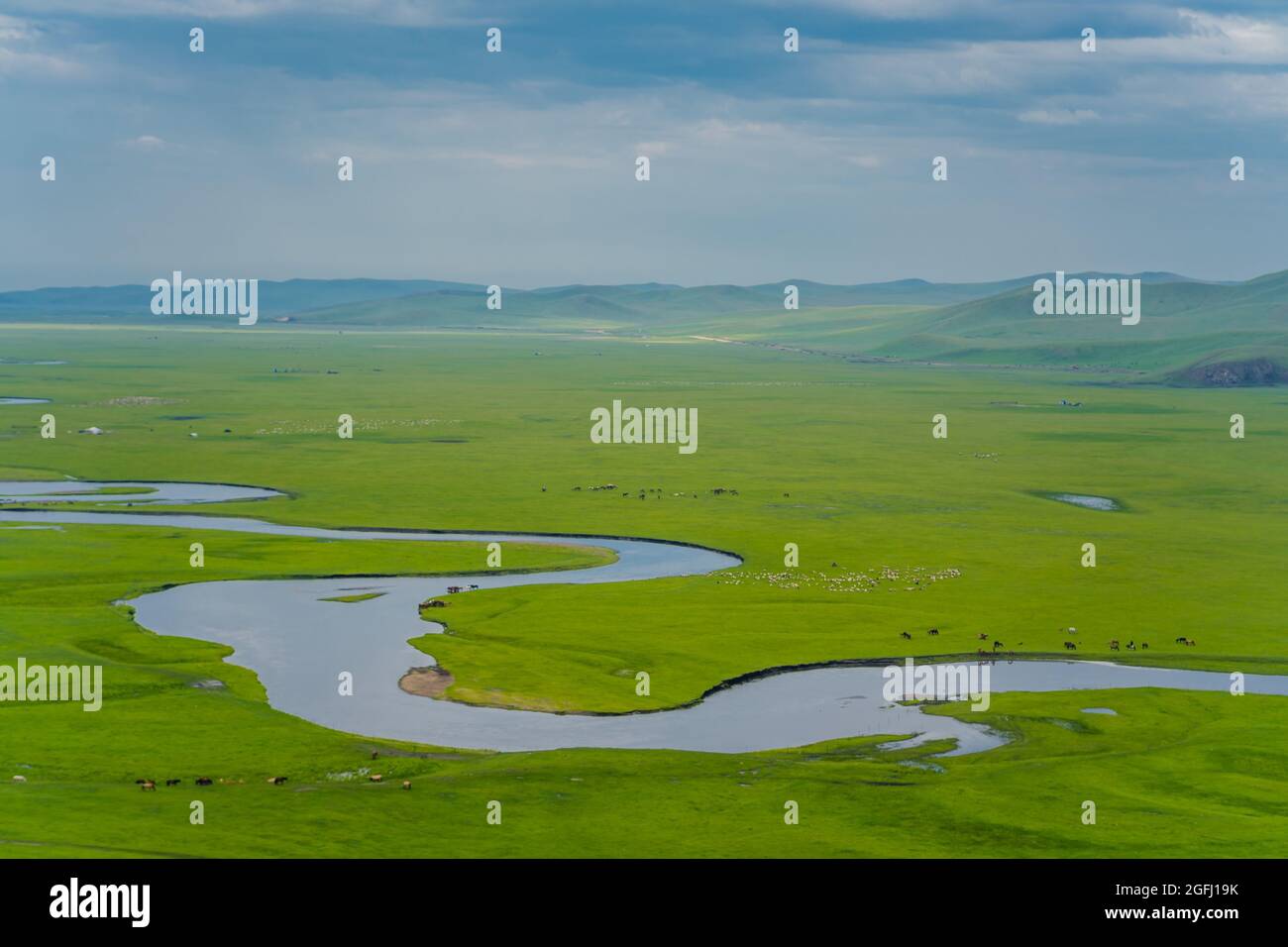 Aerial view of a river winding up in Hulun Buir grassland, in Inner ...