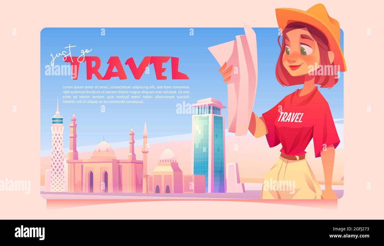 Just go travel cartoon banner, girl learning map Stock Vector Image ...