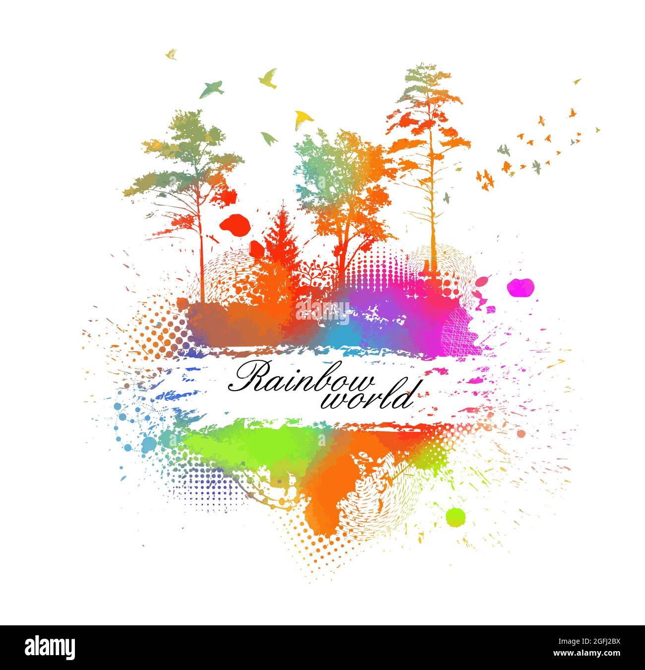 Multi-colored trees. Abstract rainbow landscape. Colored blots. Mixed ...