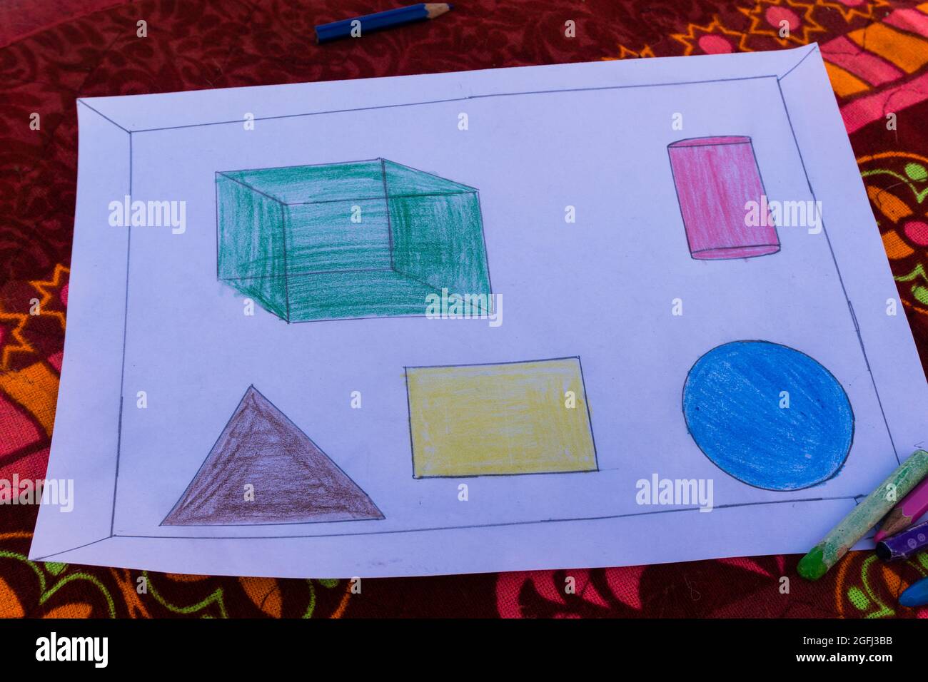 A close-up shot of a drawing made by kindergarten kids using different ...