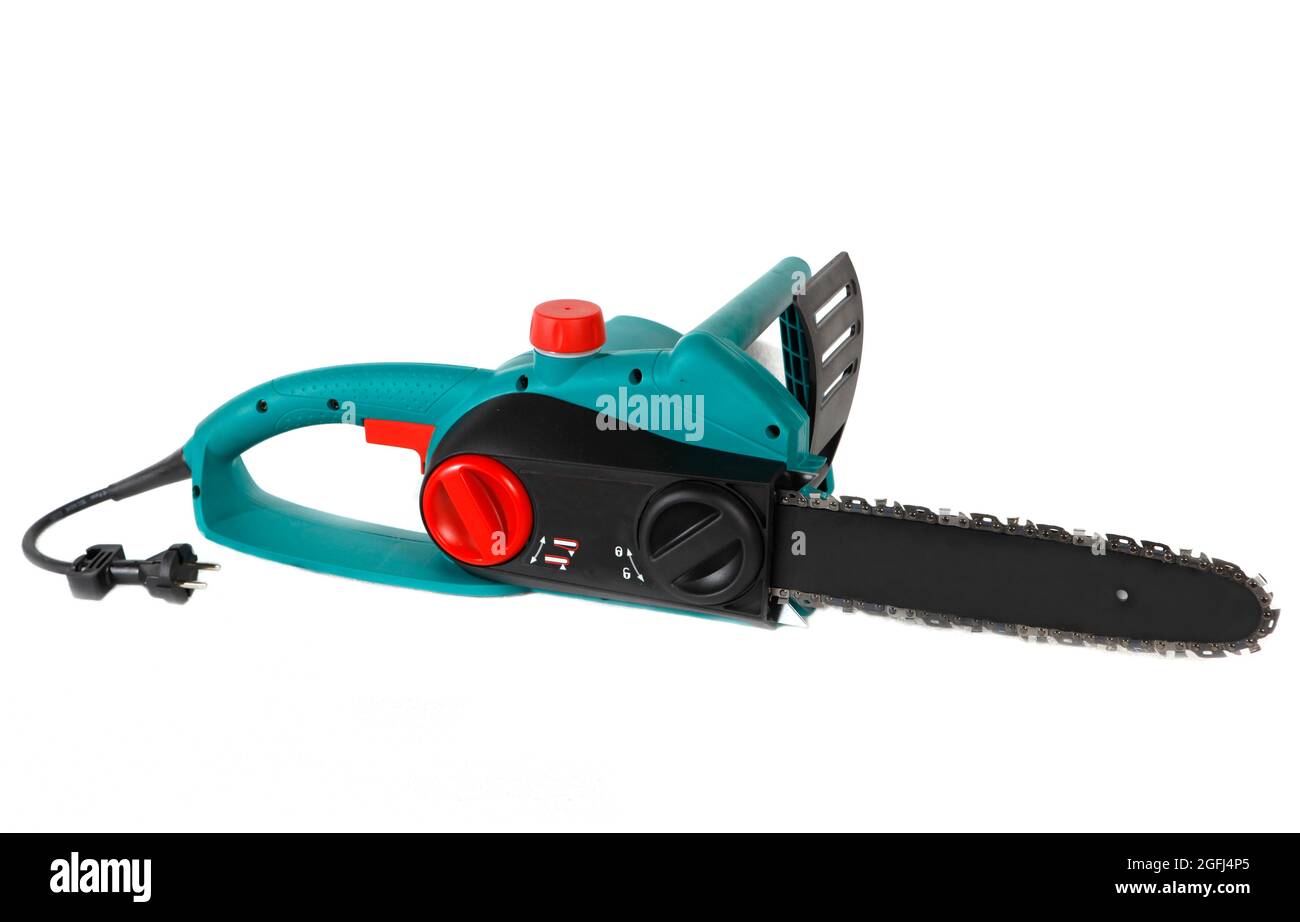 Electric Chainsaw. Green electric chainsaw isolated on white background ...