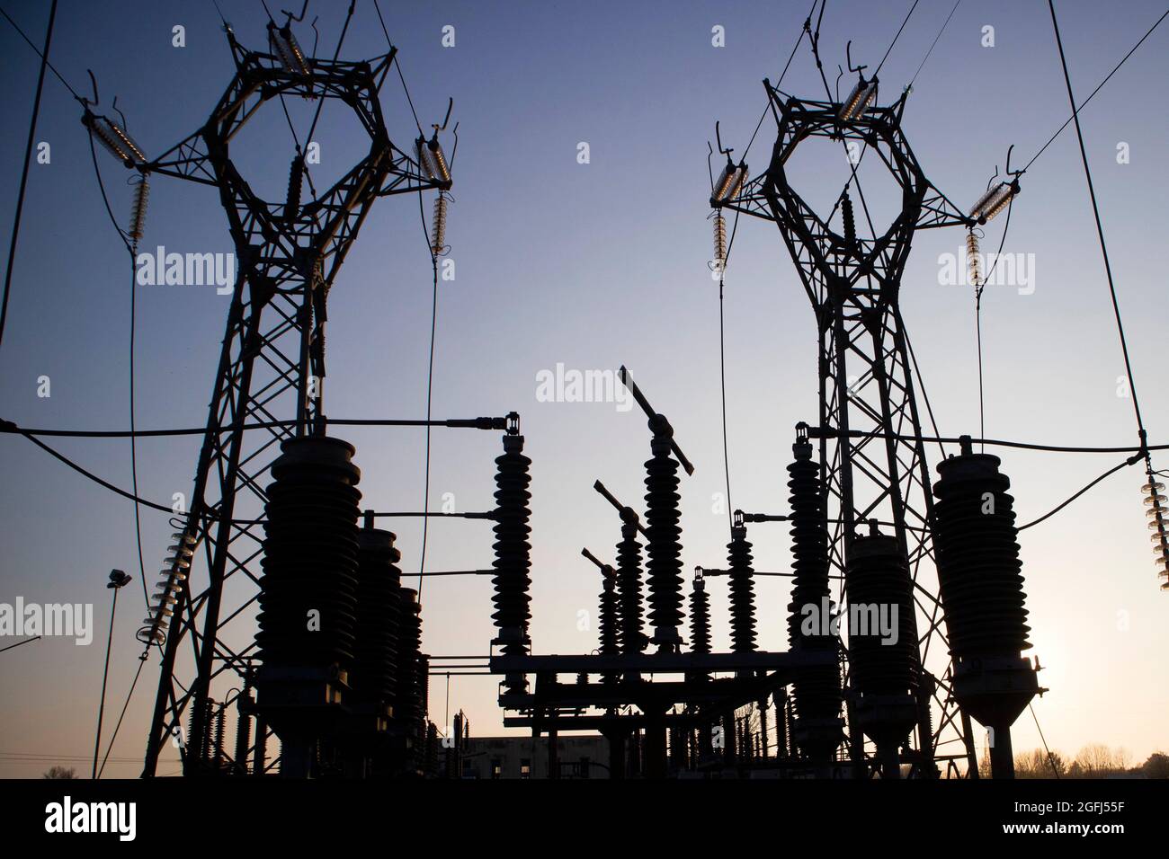 Steel pylons in a power plant for the distribution of electricity at ...