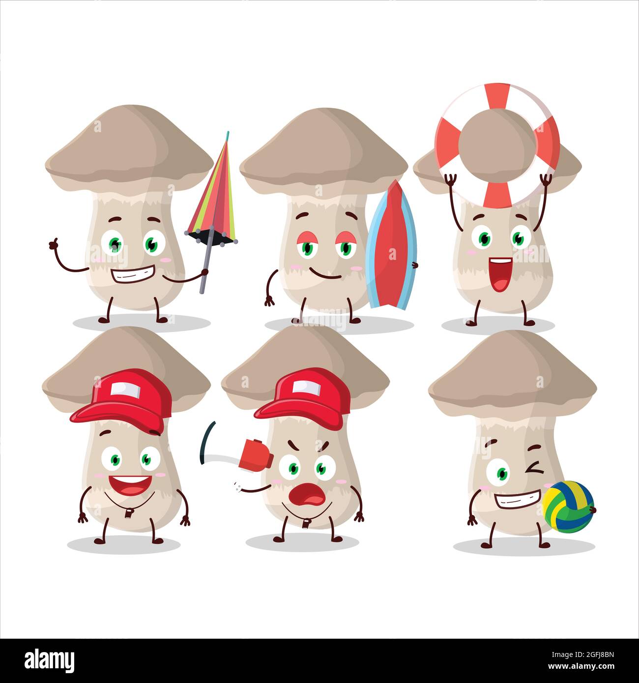 Happy Face toadstool cartoon character playing on a beach. Vector ...