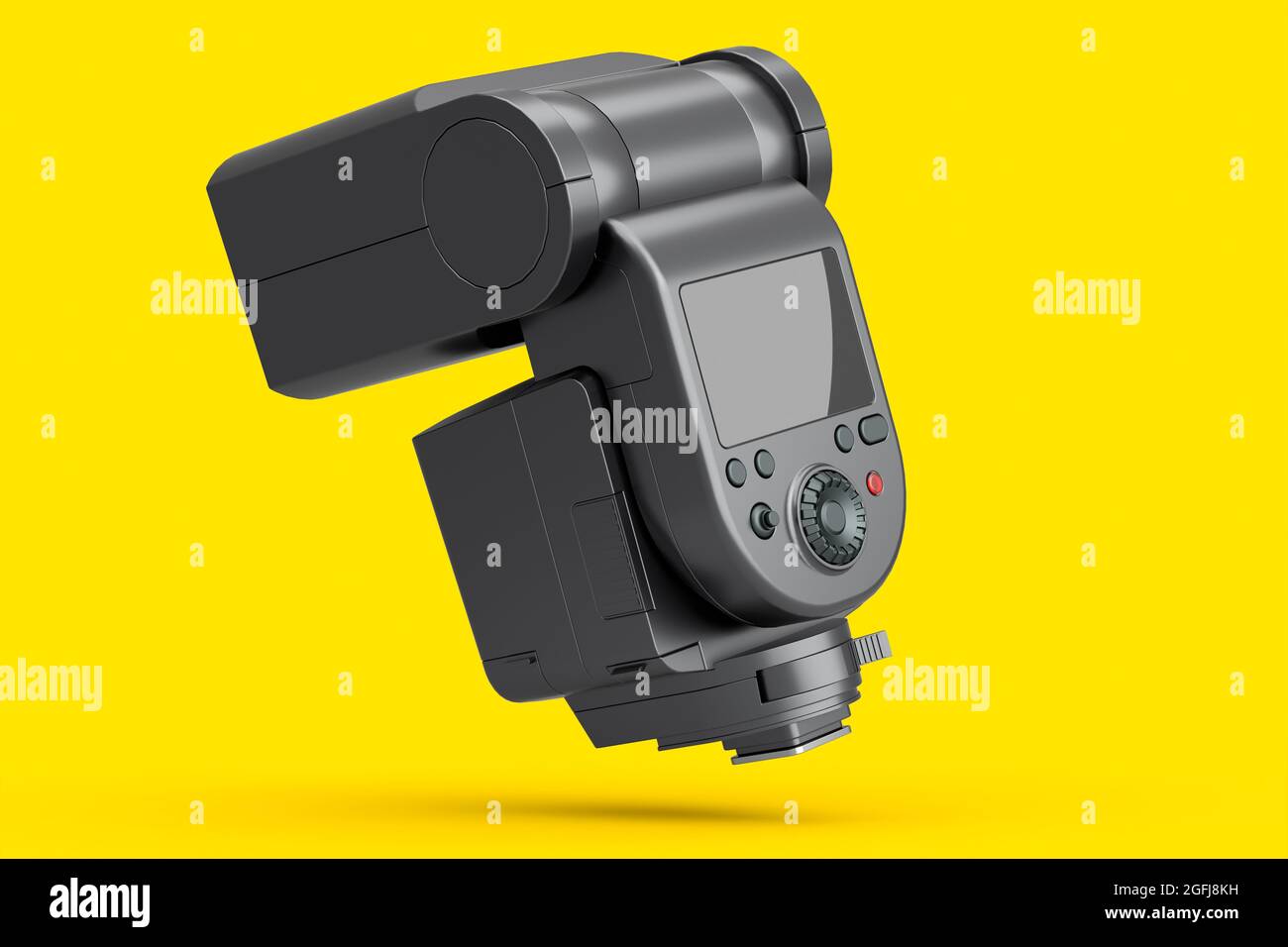 Camera external flash speedlight isolated on yellow background. 3D ...