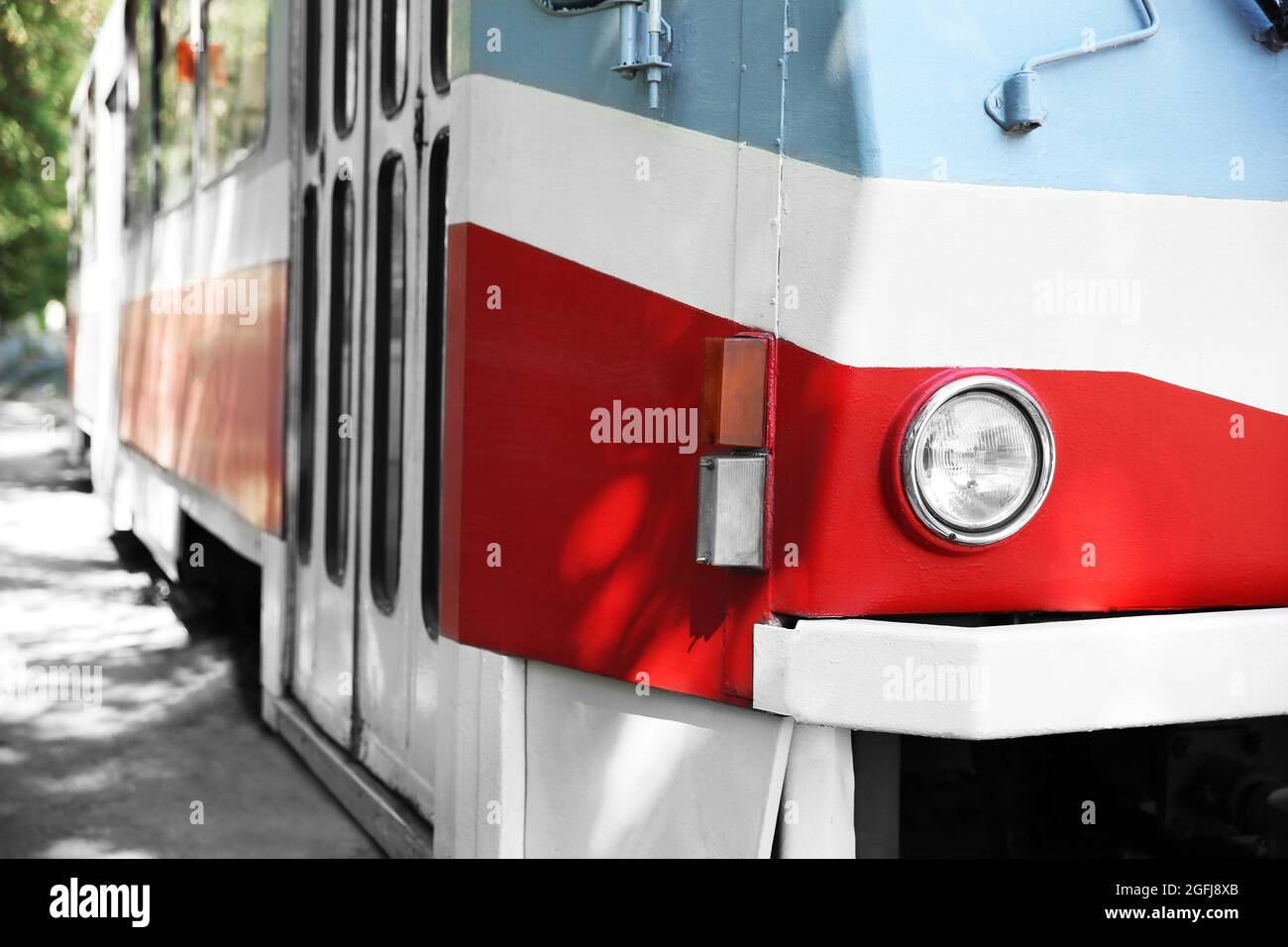 New red tram, closeup Stock Photo - Alamy