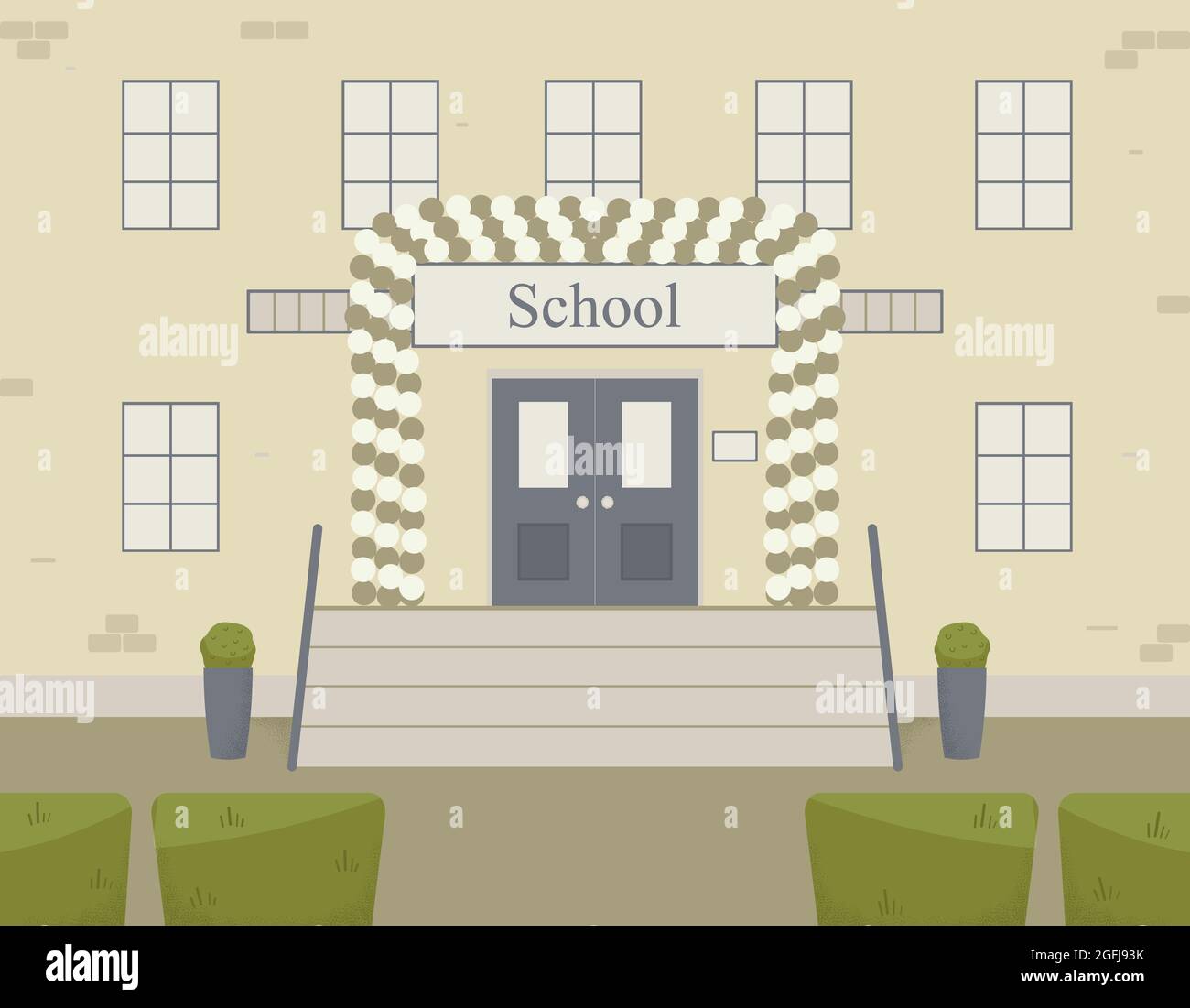 Brick facade of school building.Entrance with porch with steps to ...