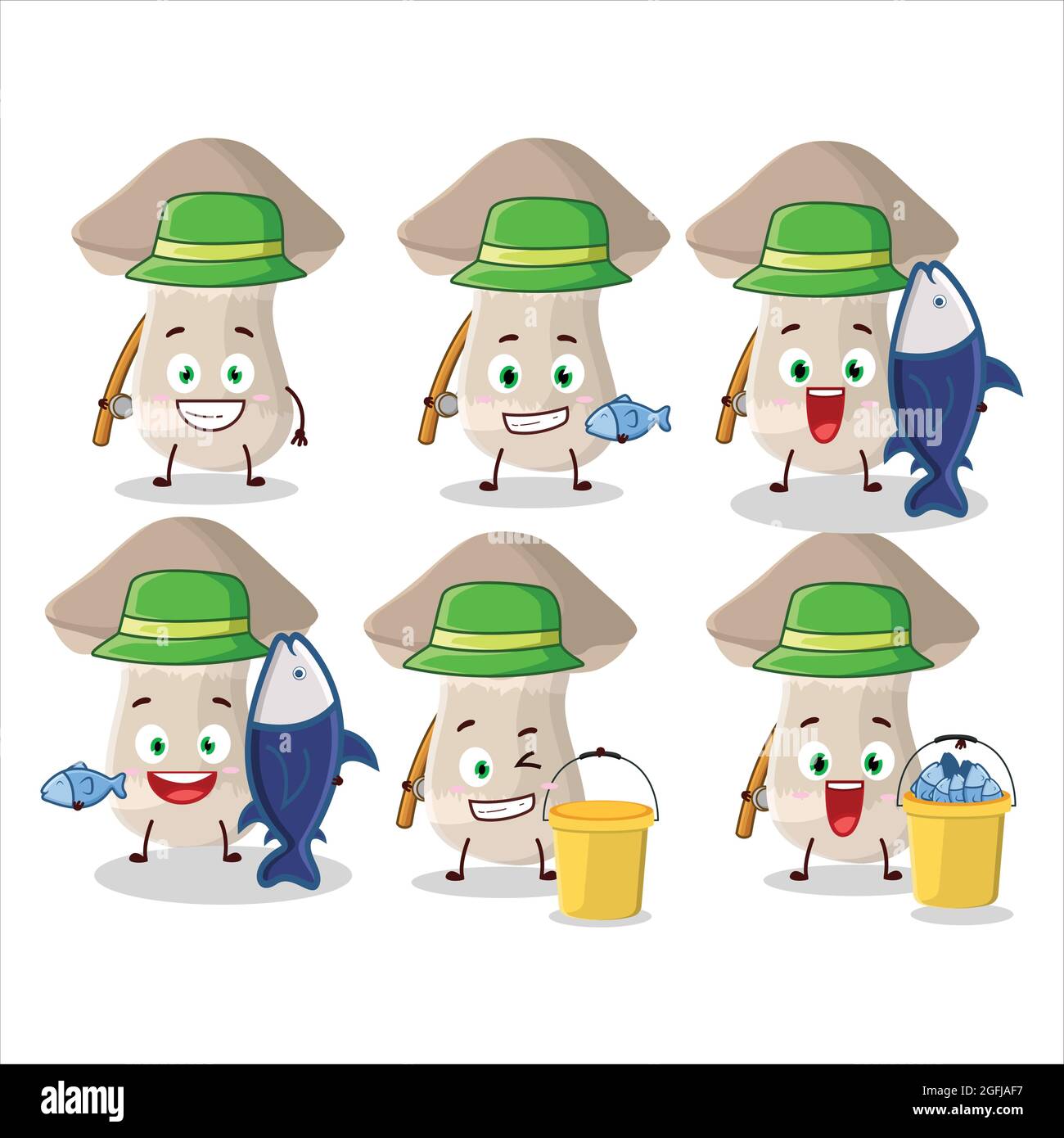 A fisherman toadstool cartoon picture catch a big fish. Vector ...