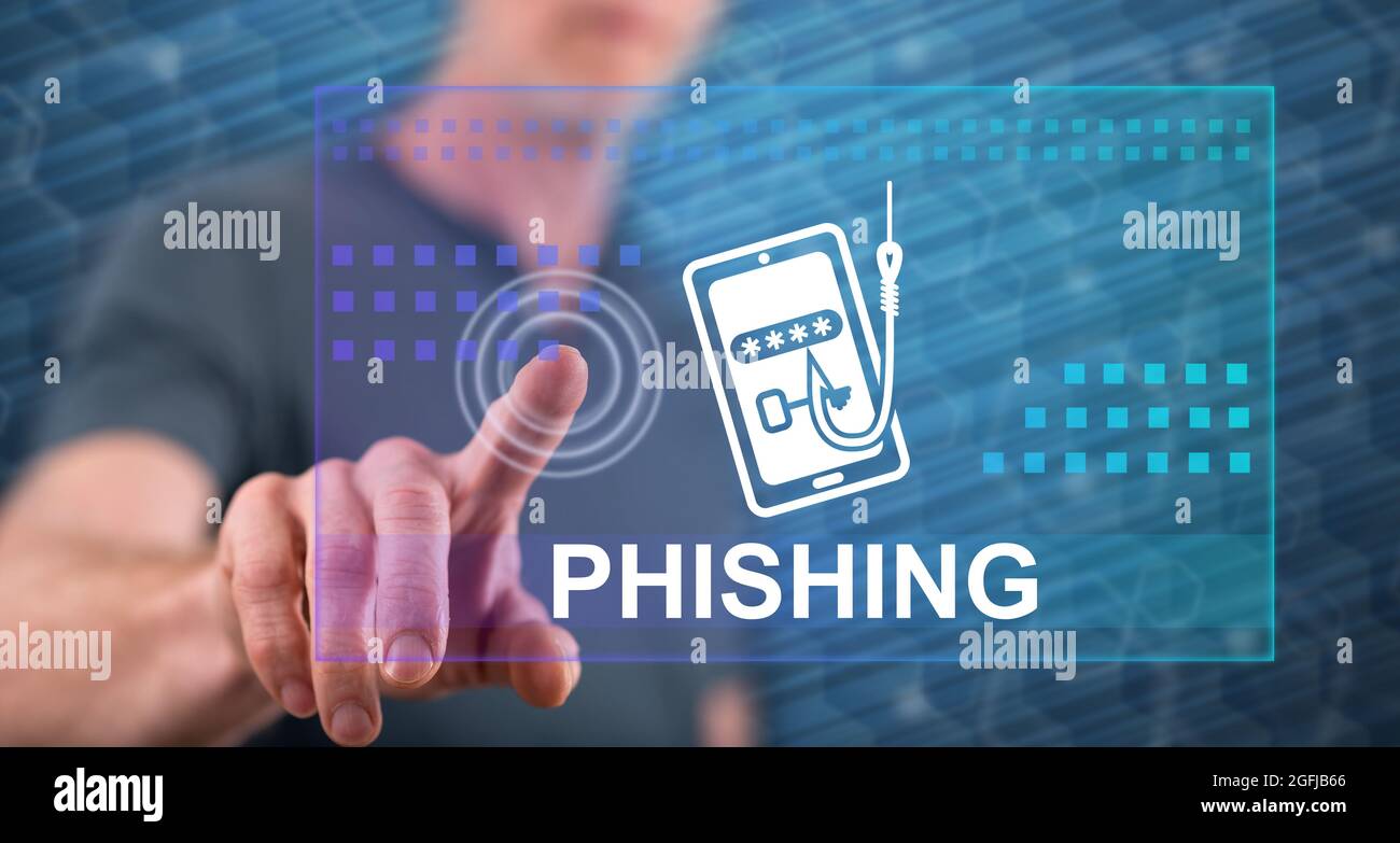 Man touching a phishing concept on a touch screen with his finger Stock ...