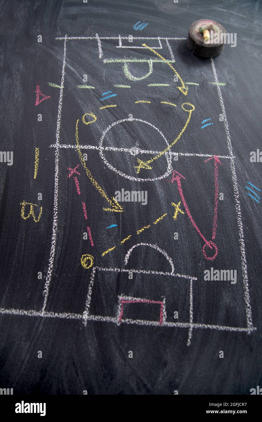 Lesson in tactics and the football patterns drawn with chalk on ...