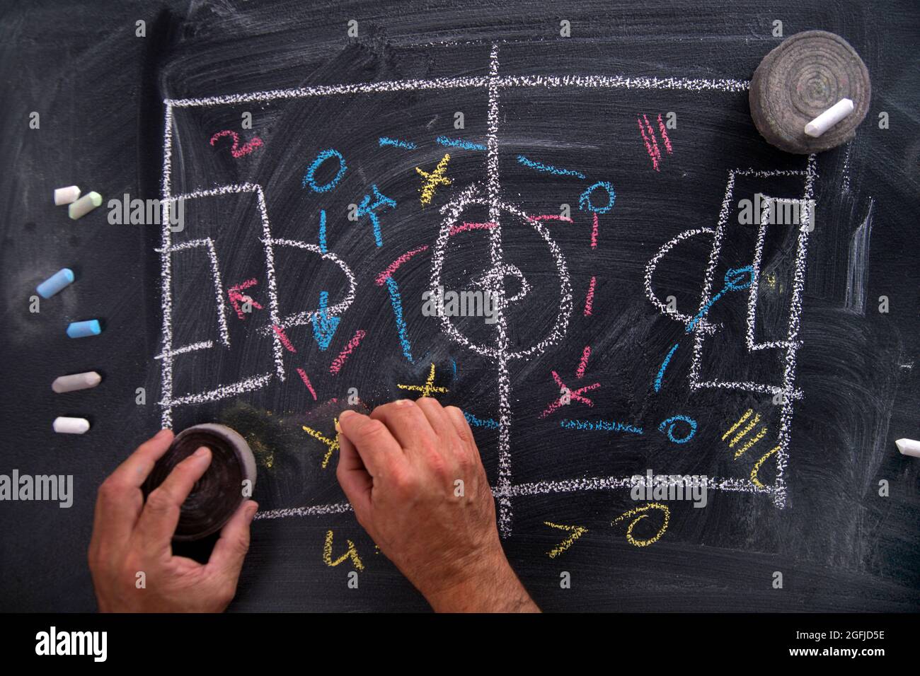 Lesson in tactics and the football patterns drawn with chalk on ...