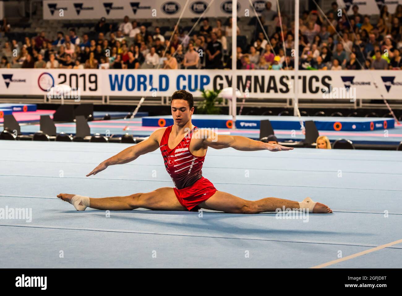 Ahmet Onder from Turkey is seen in a split on a gymnastics floor during ...