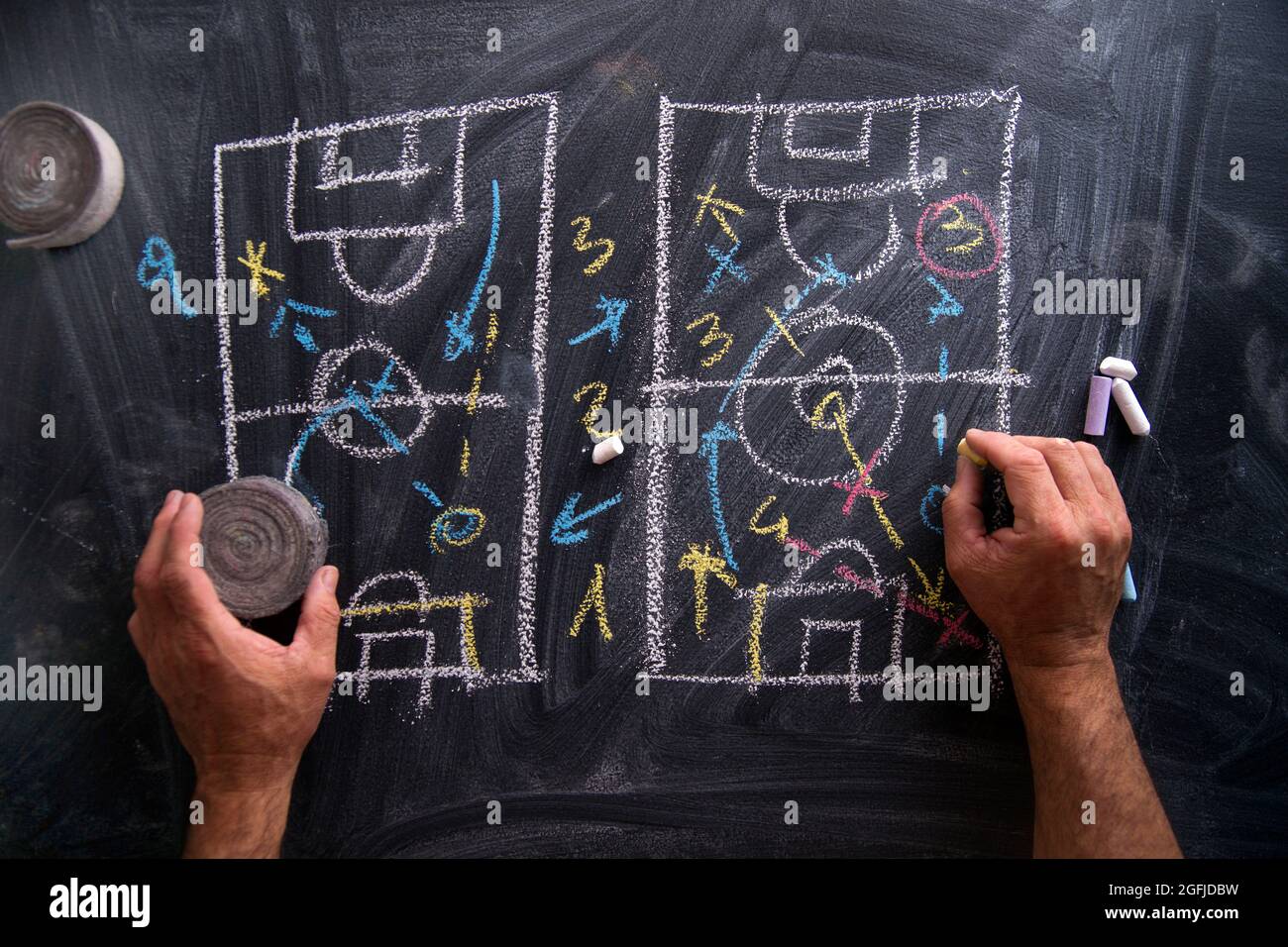Lesson in tactics and the football patterns drawn with chalk on ...