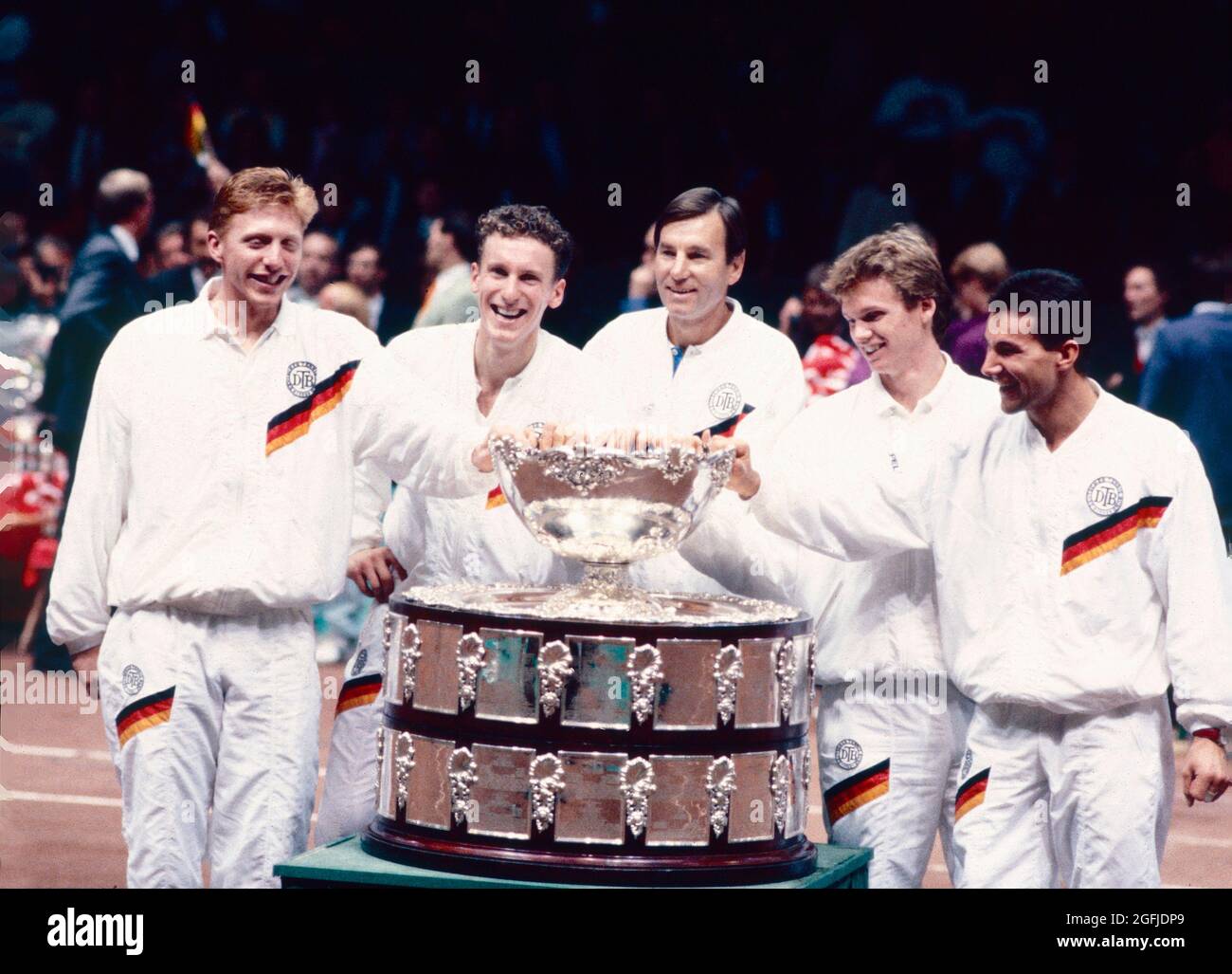 German tennis team celebrating victory with the trophies, Davis Cup ...