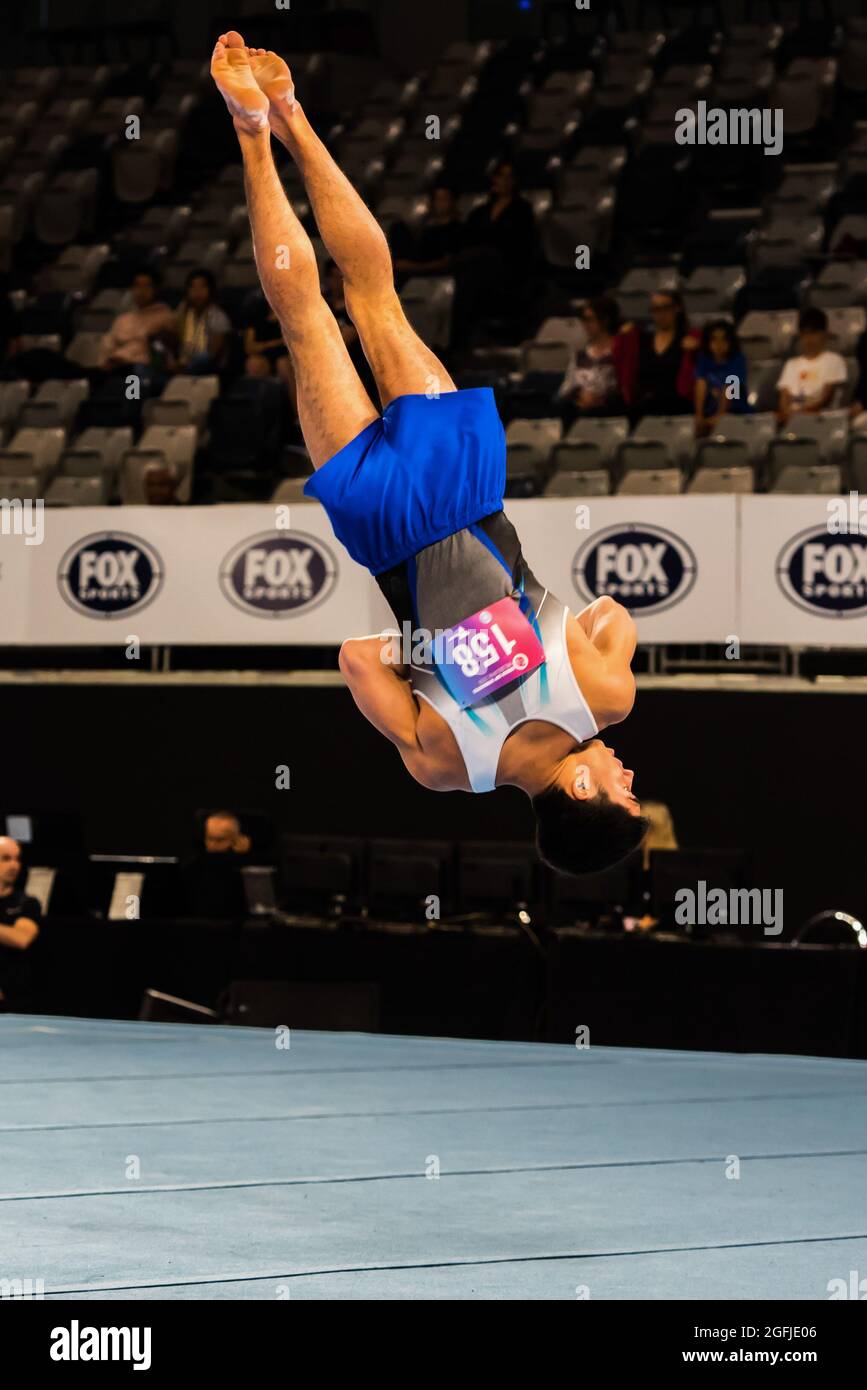 Akim Mussayev from Kazakhstan upside down during salto, while ...