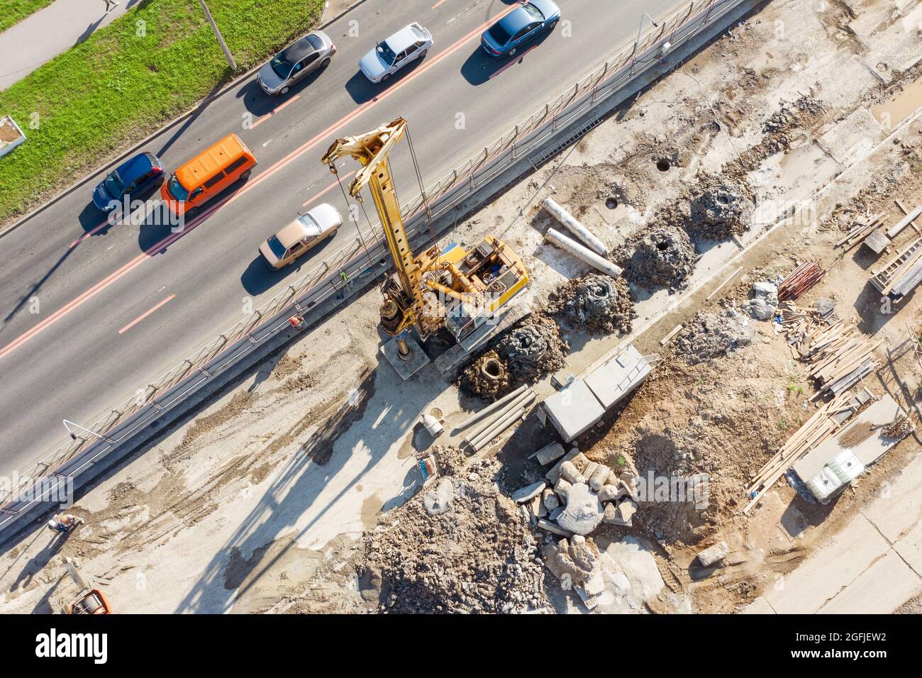 Construction of a road junction for a bridge on a highway, laying ...