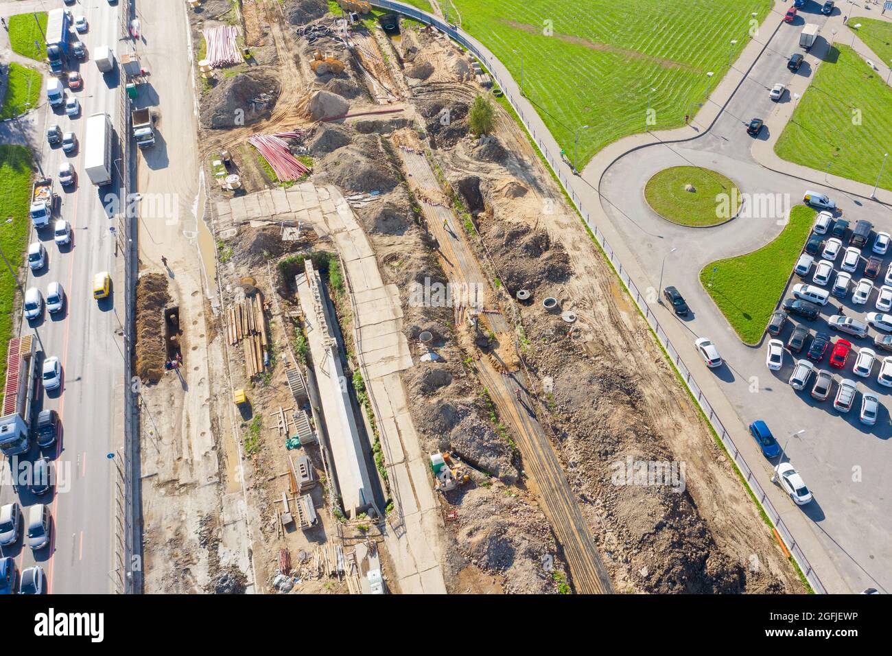Construction of a road junction for a bridge on a highway, laying ...