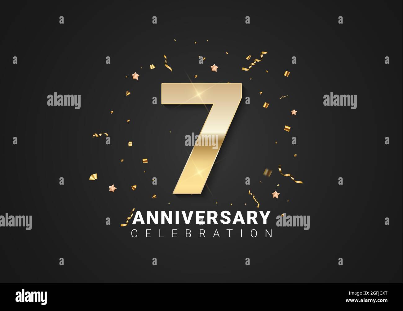 7 anniversary background with golden numbers, confetti, stars on bright ...