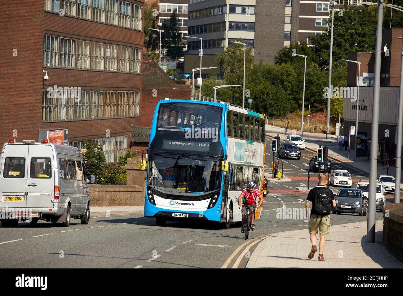 Stockport Wellington Road a 192 Stagecoach bus passing a cyclist in ...