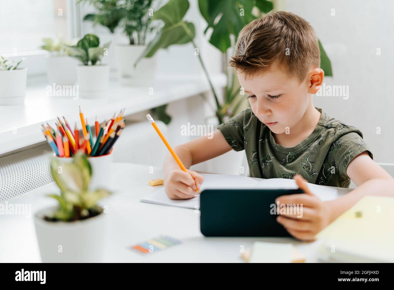 Back to school. Distance learning online education. Caucasian smile kid ...